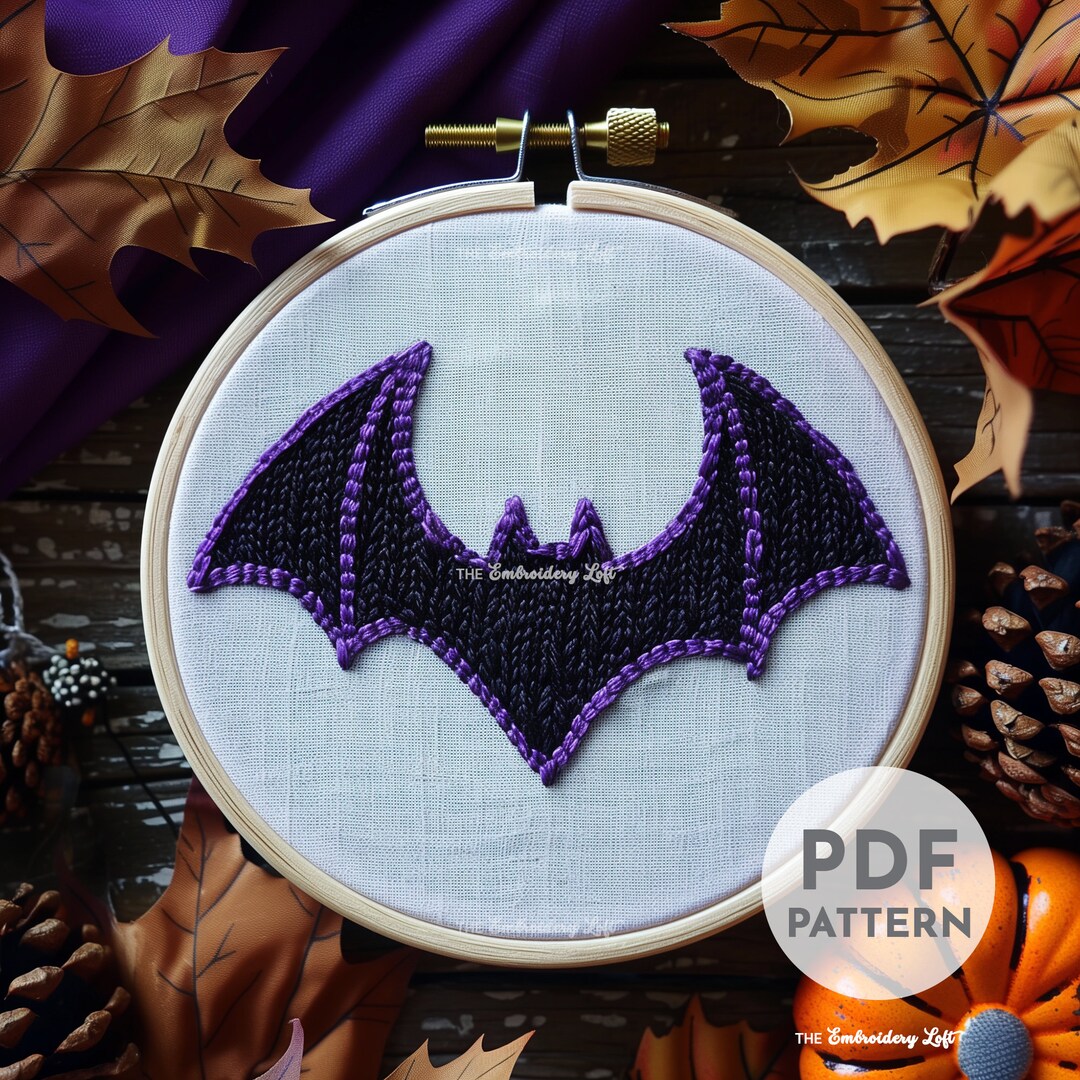 Purple Bat Hand Embroidery Pattern, Halloween Embroidery Pattern, Bats ...