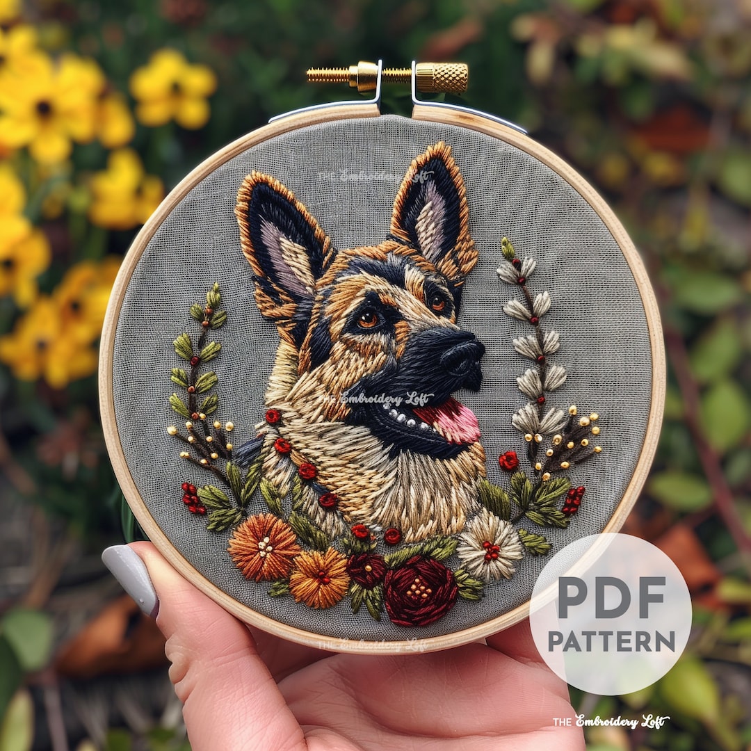 German Shepherd Hand Embroidery Pattern, Shepherd Dog, Dog Embroidery ...