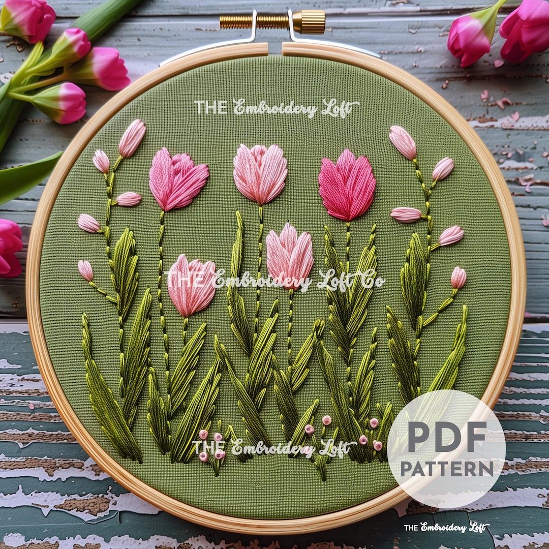 Pink Tulips Hand Embroidery Pattern, Tulip Pattern, Tulip Embroidery ...