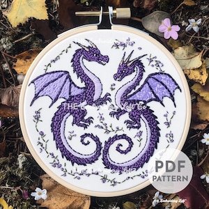 Twin Dragons Hand Embroidery Pattern, Dragon Embroidery Pattern ...