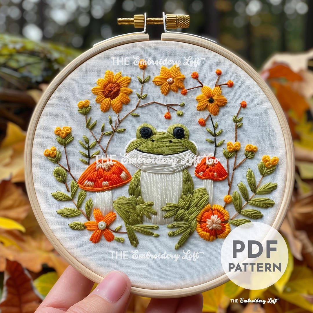 Autumn Frog Hand Embroidery Pattern, Floral Frog Embroidery, Frog With ...