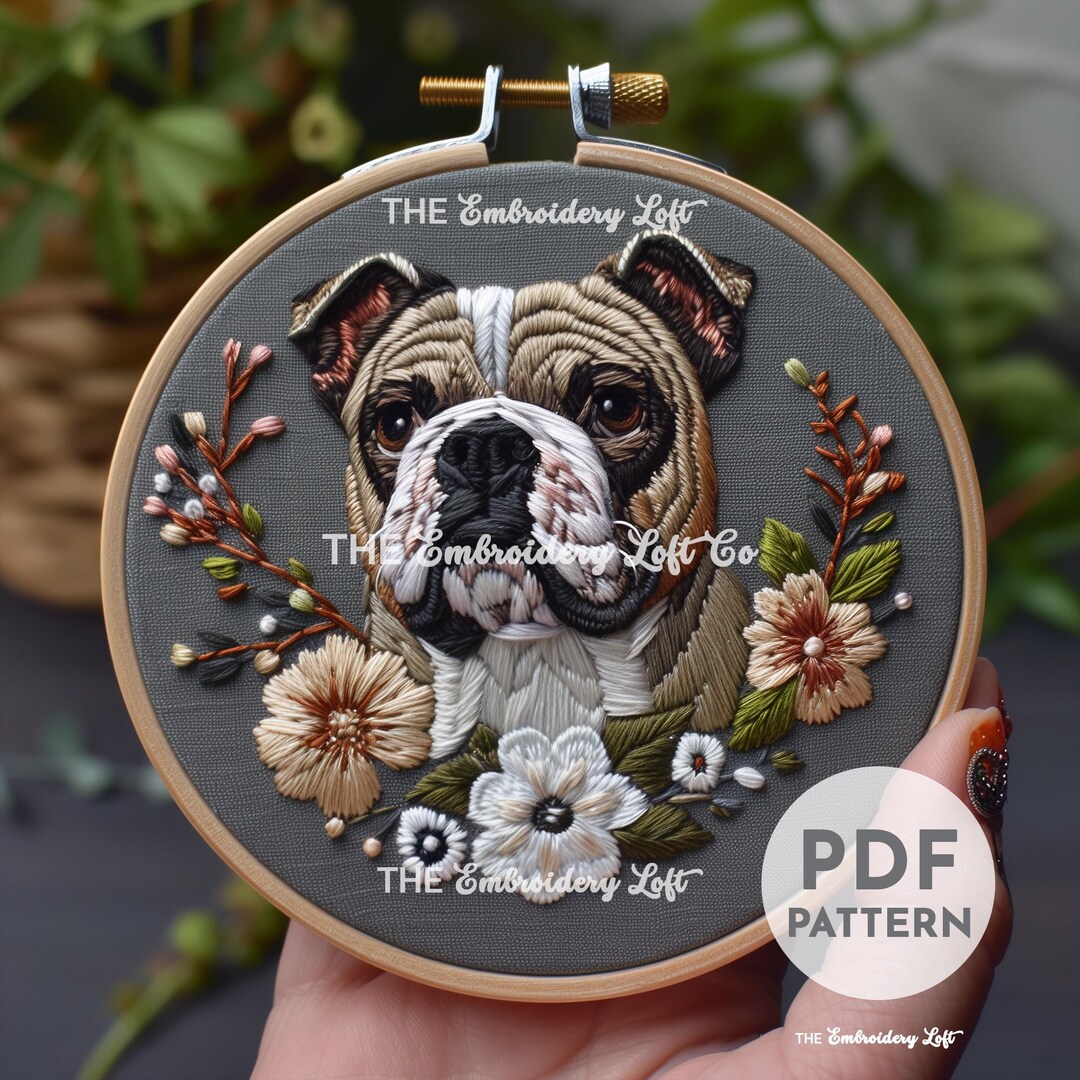 English Bulldog Hand Embroidery Pattern, Dog Lover Gift, Dog Embroidery ...
