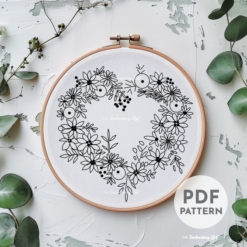 Blue Floral Heart Wreath Hand Embroidery Pattern, Heart Embroidery ...