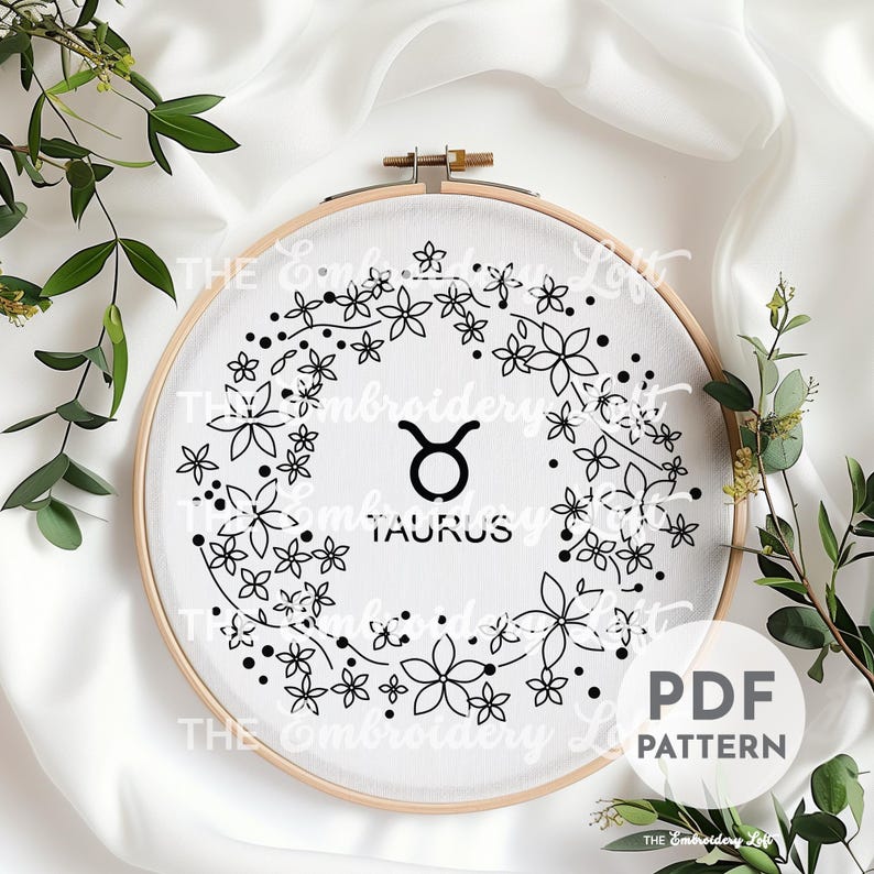 Taurus Hand Embroidery Pattern, Taurus Embroidery, Zodiac Embroidery ...
