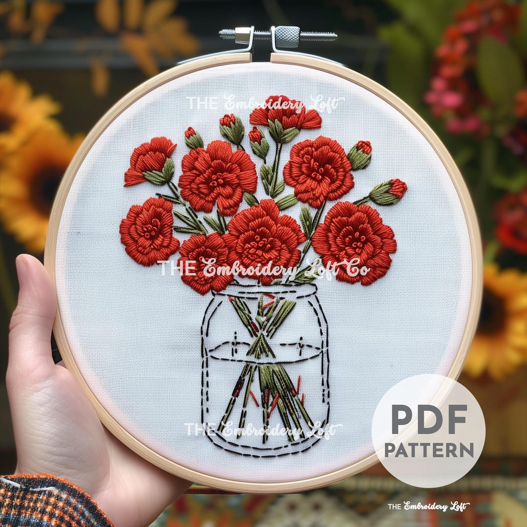 Vase of Carnations Hand Embroidery Pattern, Red Carnations Pattern ...