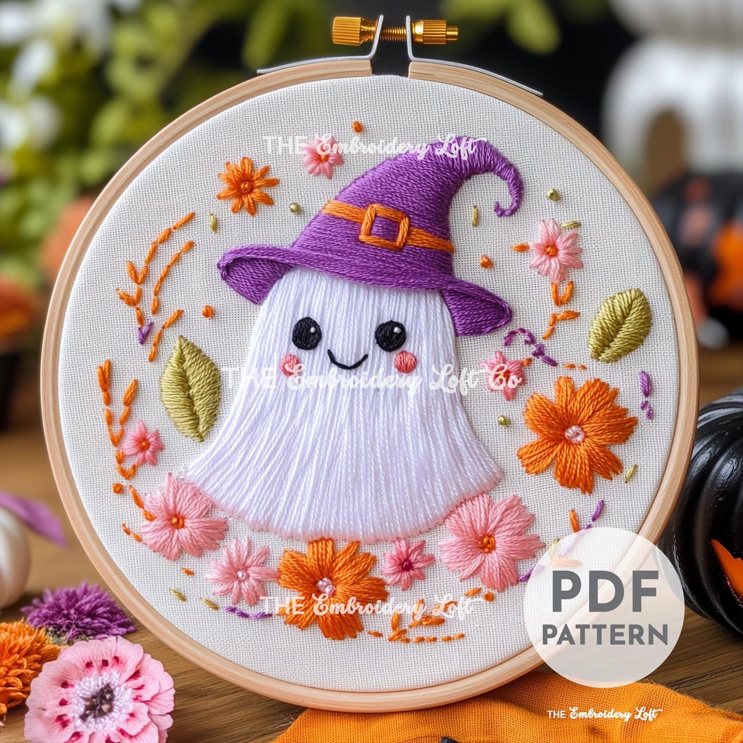 Floral Witchy Ghost Hand Embroidery Pattern, Cute Ghost Pattern, Witch ...