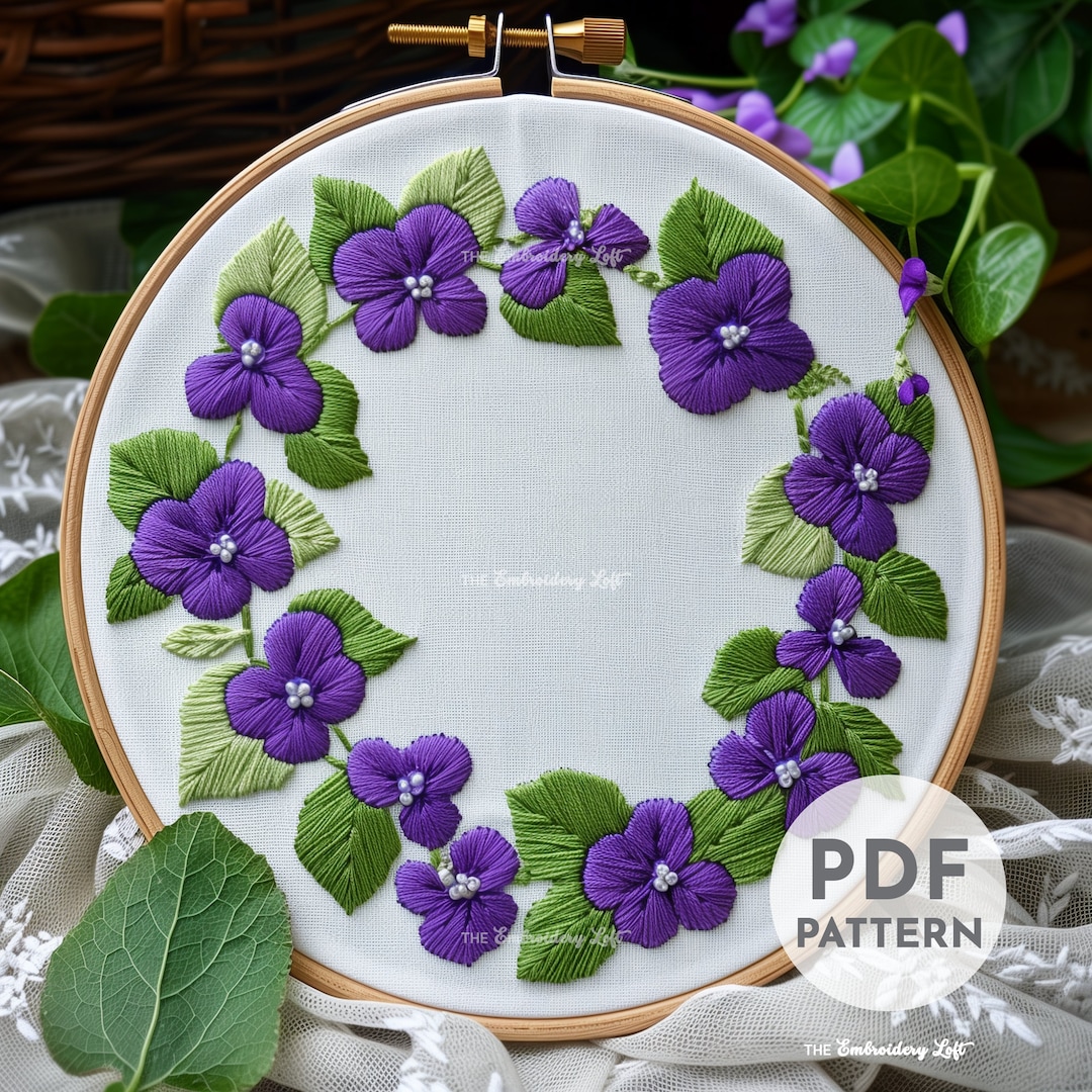 Violet Wreath Hand Embroidery Pattern, Violet Flower Design, Violet Pattern, Floral Wreath ...
