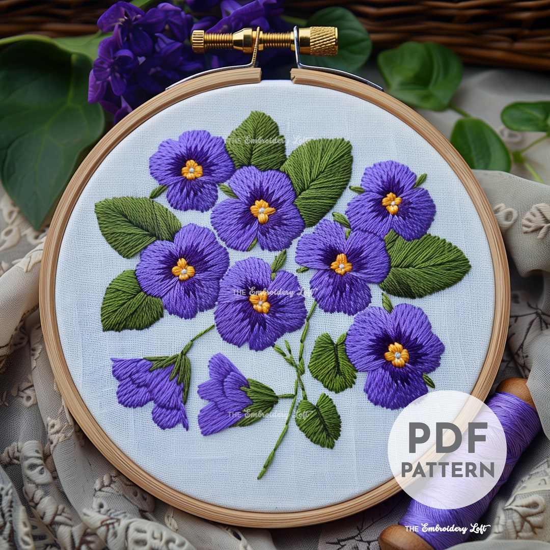 Purple Violets Hand Embroidery Pattern, Purple Pansies Pattern, Violet ...