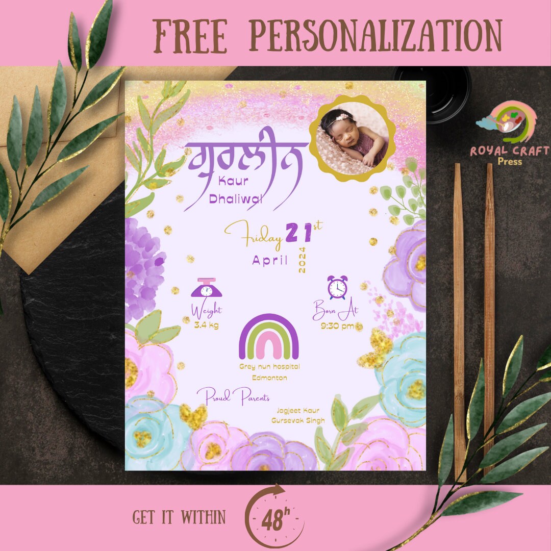 Personalized Birth Statistics Poster, Birth Information Card, Baby Girl ...