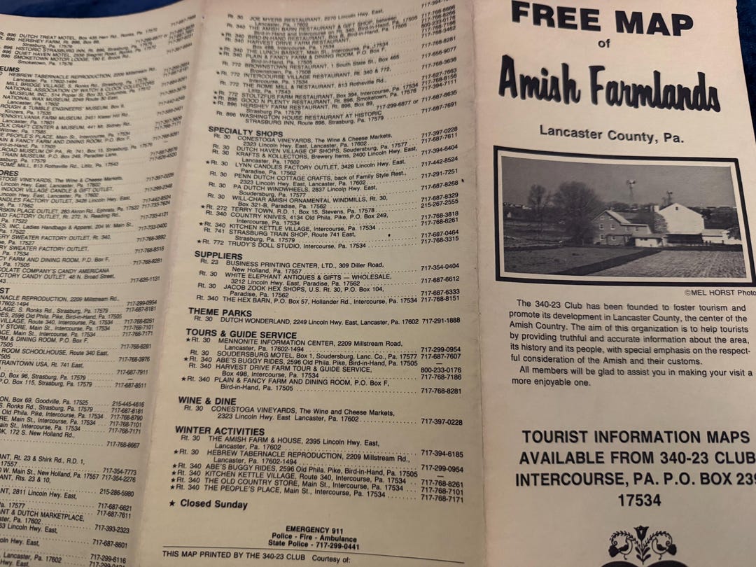 1985 Vintage Amish Farmlands Lancaster PA Map Brochure 340-23 - Etsy