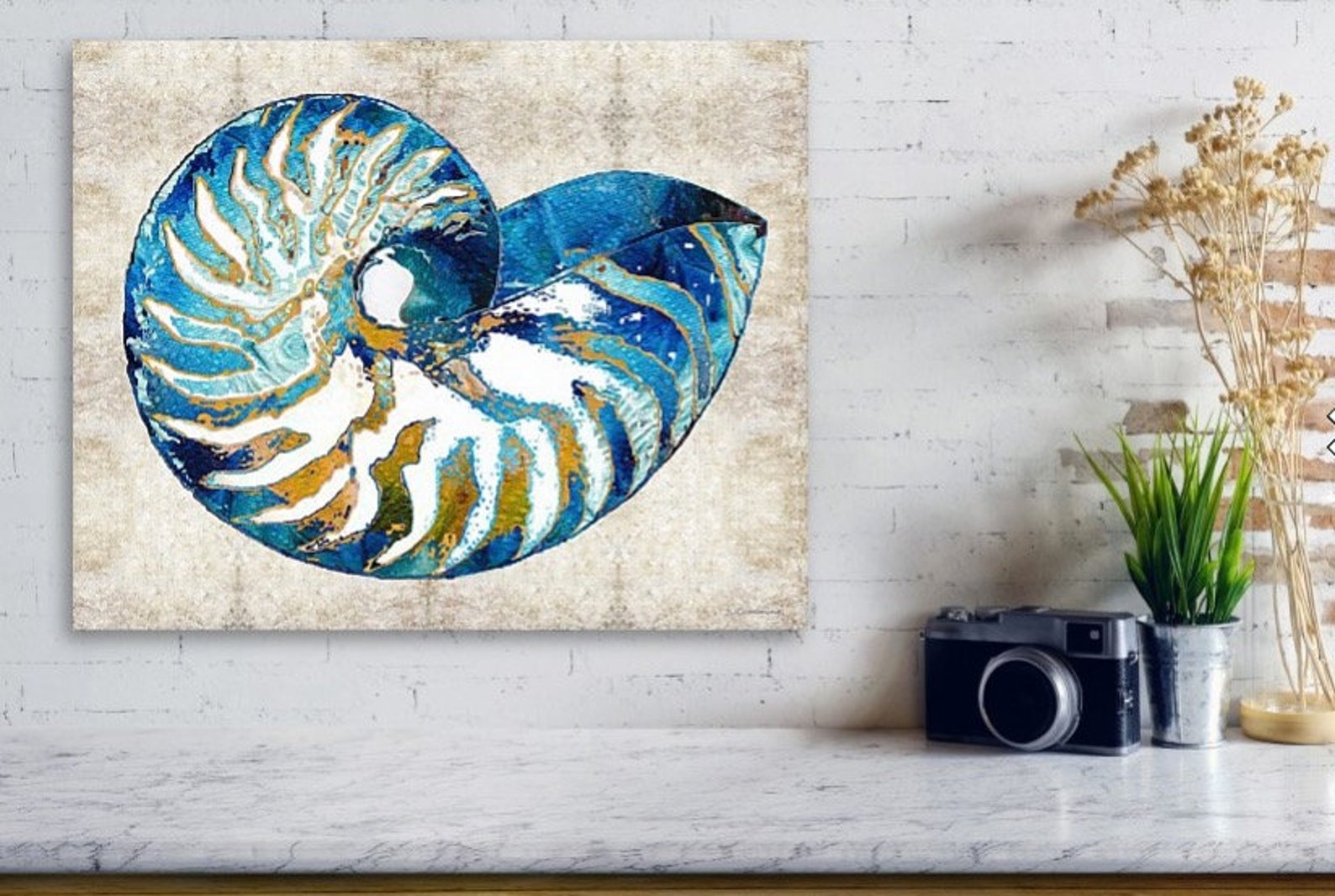 Nautilus Shell Art Print From Painting Colorful Blue Beach | Etsy