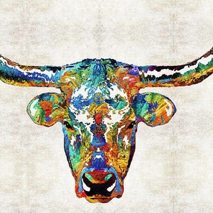 Longhorn Cow Art PRINT Primary Colors Cattle Farm Rustic Country ...