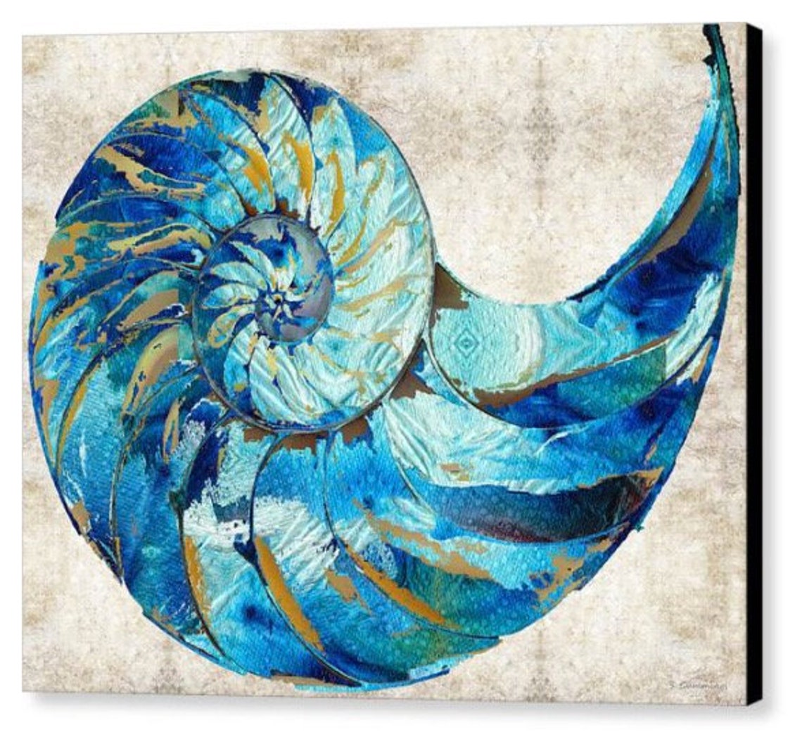 Nautilus Shell Art Print From Painting Colorful Blue Beach - Etsy