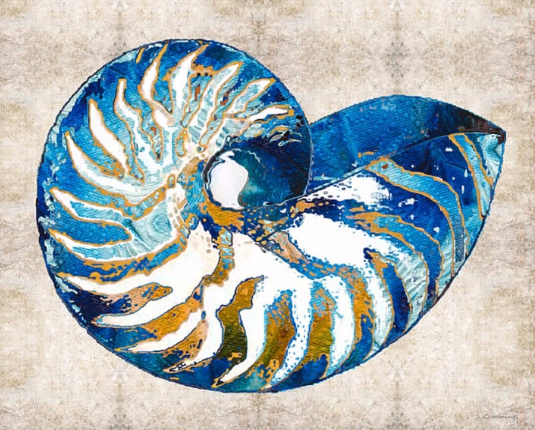 Nautilus Shell Art Print From Painting Colorful Blue Beach Ocean Sea ...