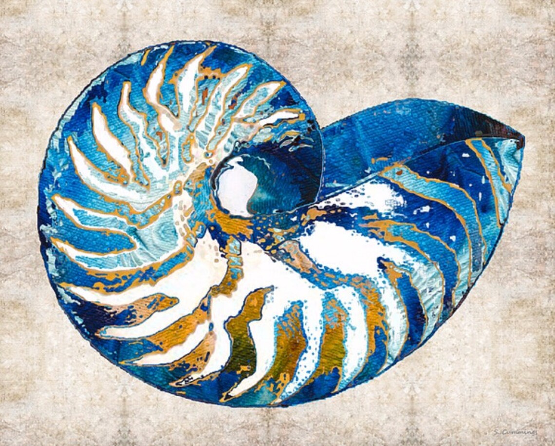 Nautilus Shell Art Print From Painting Colorful Blue Beach Ocean Sea ...