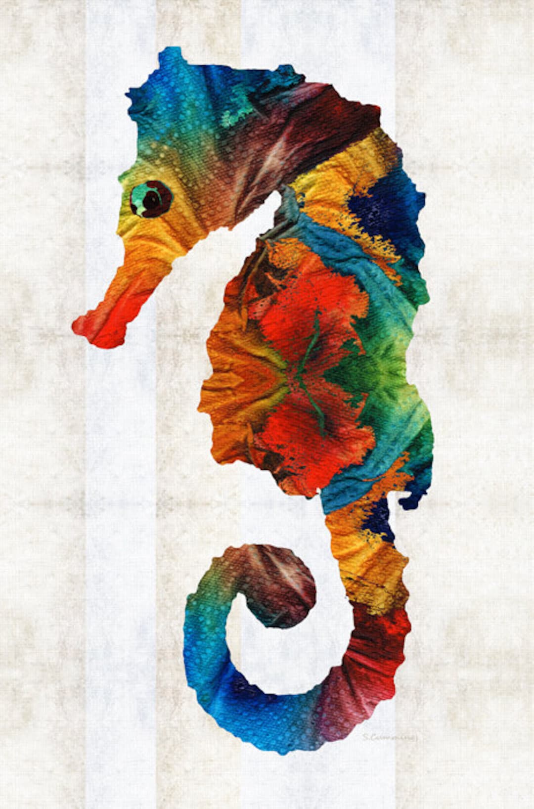 Colorful Seahorse Fish Art Animal Print From Painting Tropical Primary ...