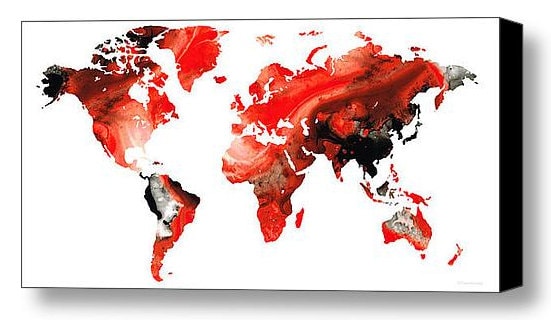 World Map Art PRINT From Painting White Red Black Travel Earth Maps ...