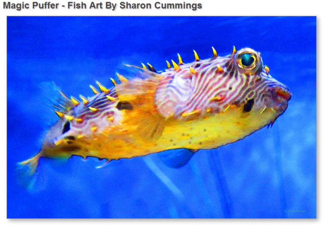 Cute Puffer Fish Art Print From Painting Puffy Tropical Fun Blue Yellow ...