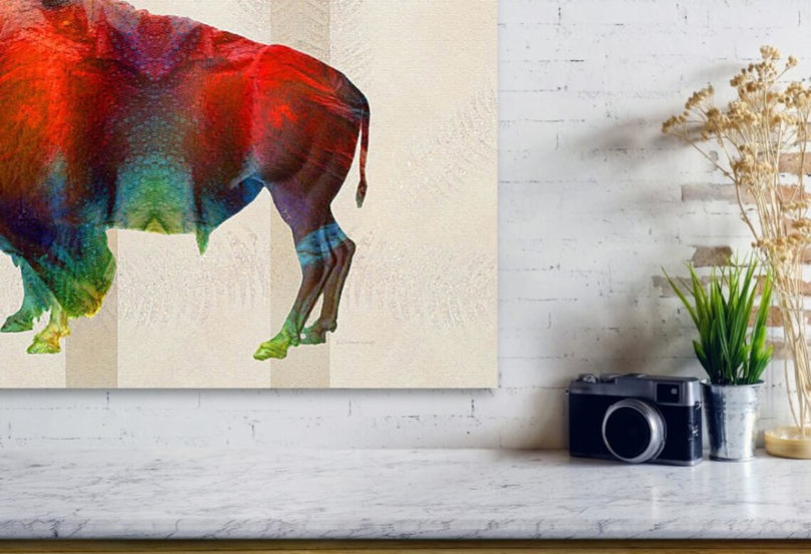 Colorful Buffalo Animal Art Print From Painting Bison Red | Etsy