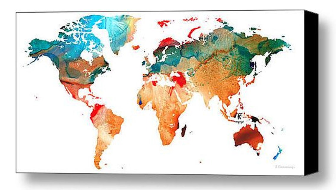 World Map Art Print From Painting White Red Aqua Travel Earth - Etsy