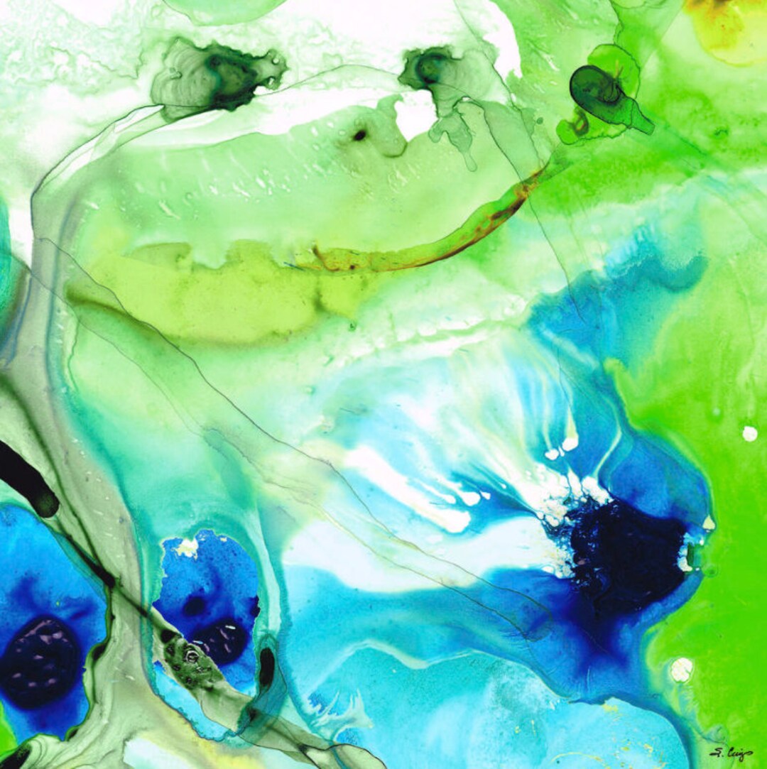 Abstract Landscape Art Print From Painting Earthy Blue Green White ...