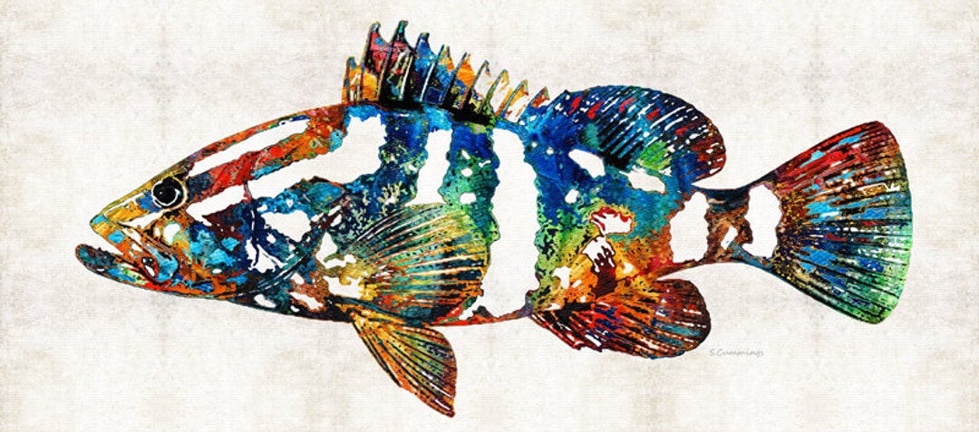 Grouper Fish Art Print From Painting Colorful Deep Sea Fishing - Etsy