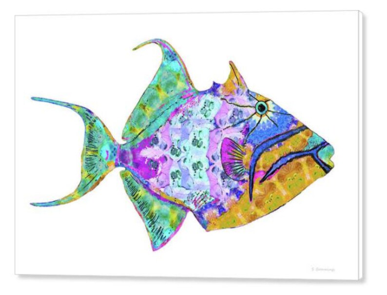 Trigger Fish Art Print From Painting Yellow Tropical Fun Blue | Etsy
