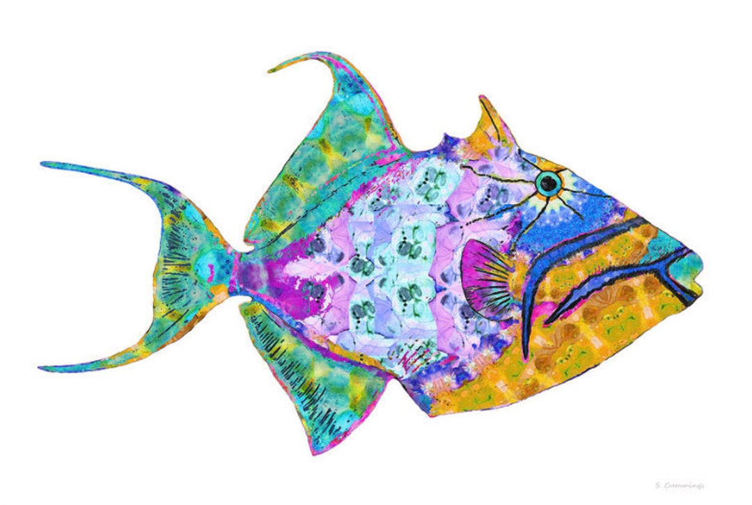 Trigger Fish Art Print From Painting Yellow Tropical Fun Blue Beach ...