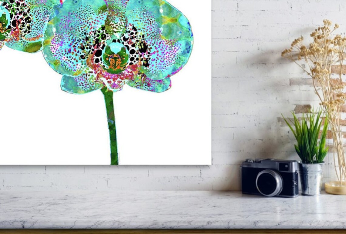 Colorful Blue Orchid Art Print From Painting Tropical Flowers Beach ...