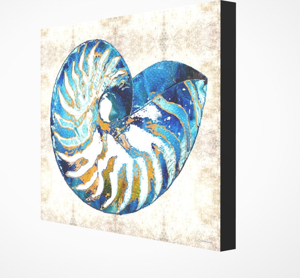 Nautilus Shell Art Print From Painting Colorful Blue Beach | Etsy