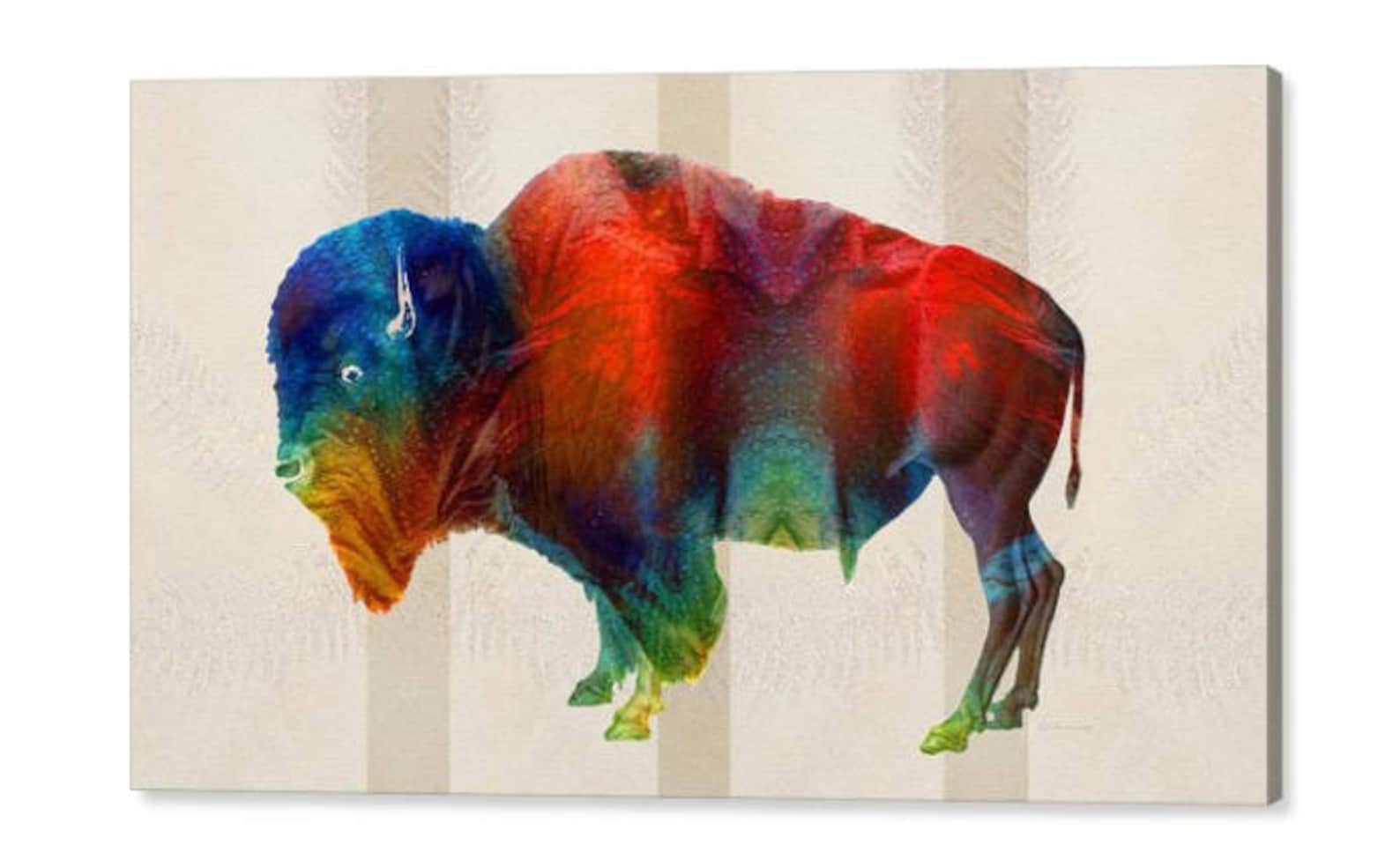 Colorful Buffalo Animal Art Print From Painting Bison Red | Etsy