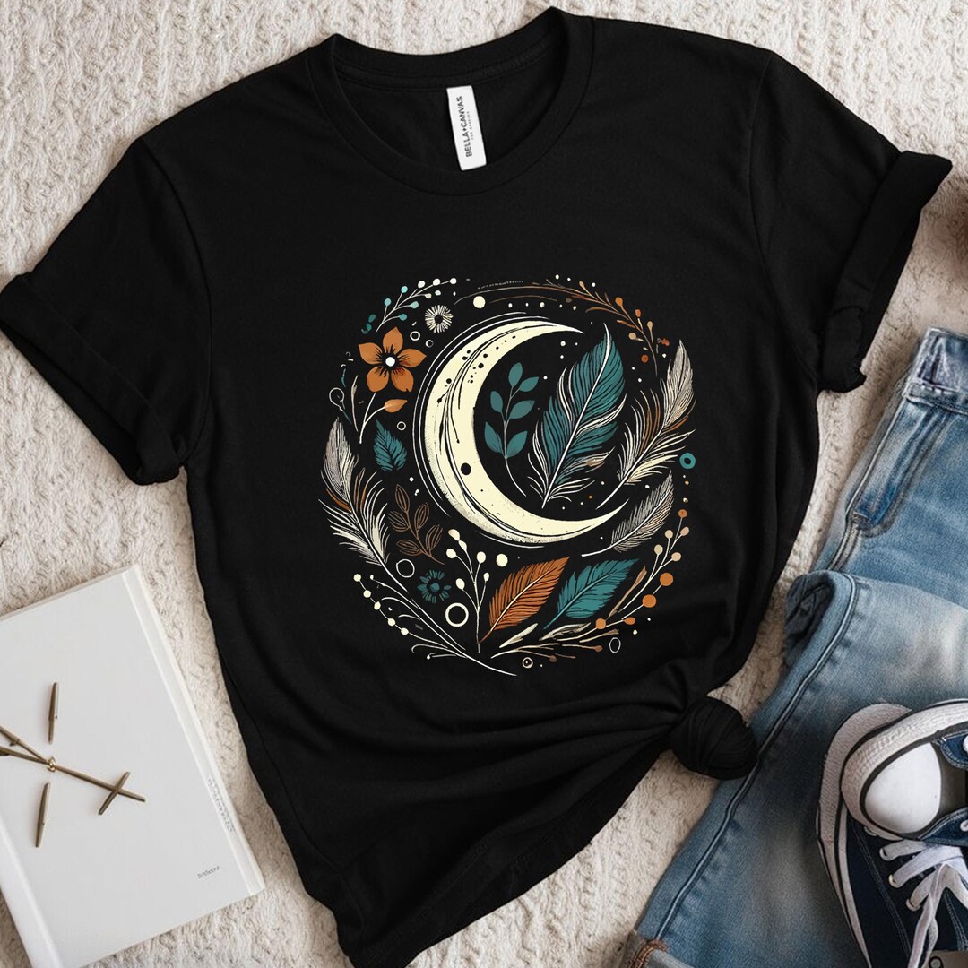 Mystic Boho Moon T-shirt, Vintage Style Graphic Tee, Nature-inspired ...