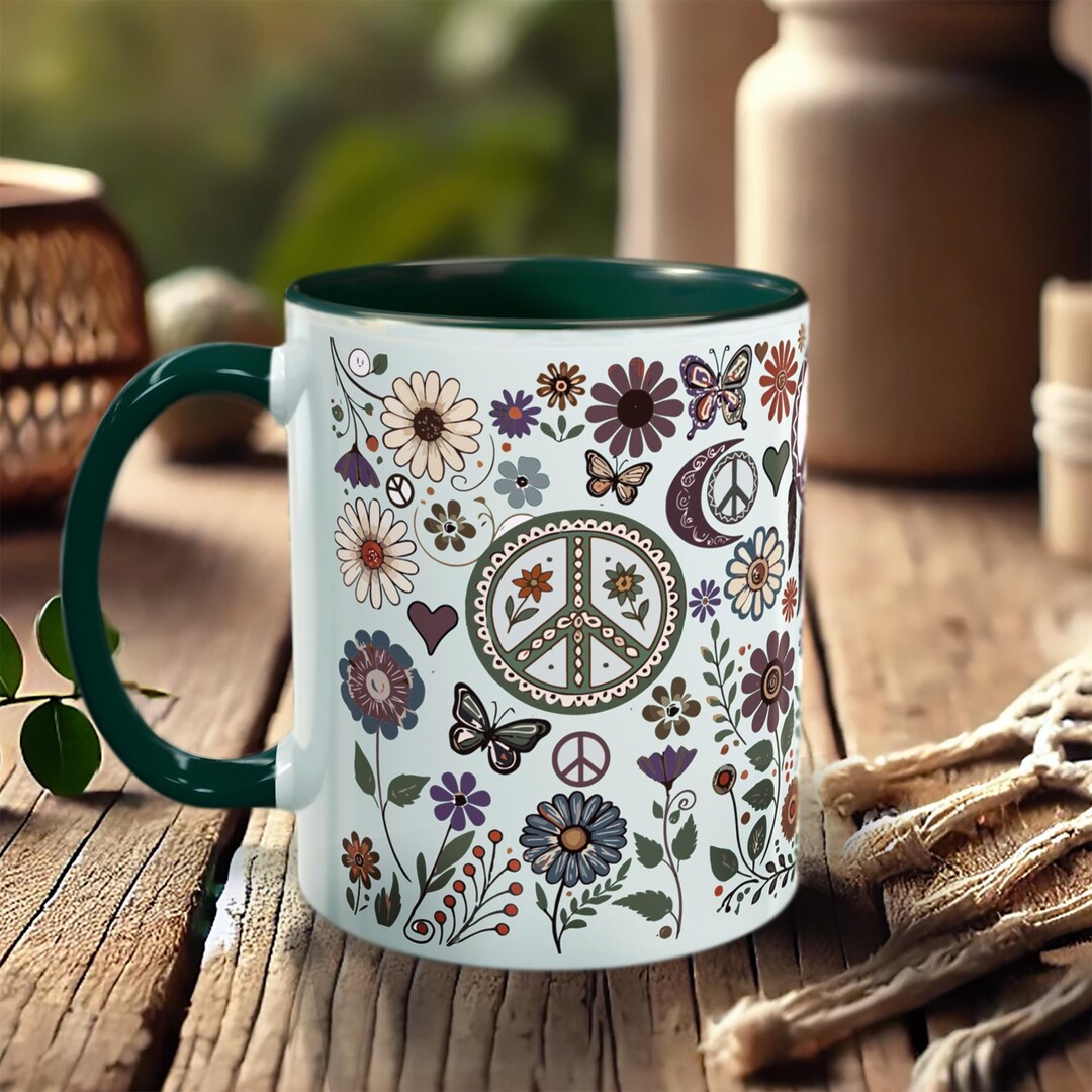 Boho Peace Floral Mug, Hippie Style Coffee Cup Gift, Retro Vibe ...