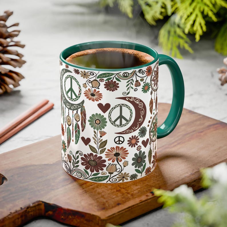 Bohemian Peace Mug, Floral Hippie Coffee Cup, Retro Nature Art Gift ...