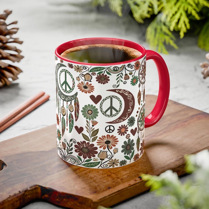 Bohemian Peace Mug – Floral Hippie Coffee Cup, Retro Nature Art ...