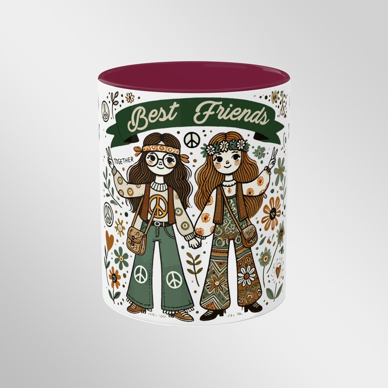 Hippie Friends Mug – Boho Friendship Cup, Retro 70s Peace Sign Gift for ...