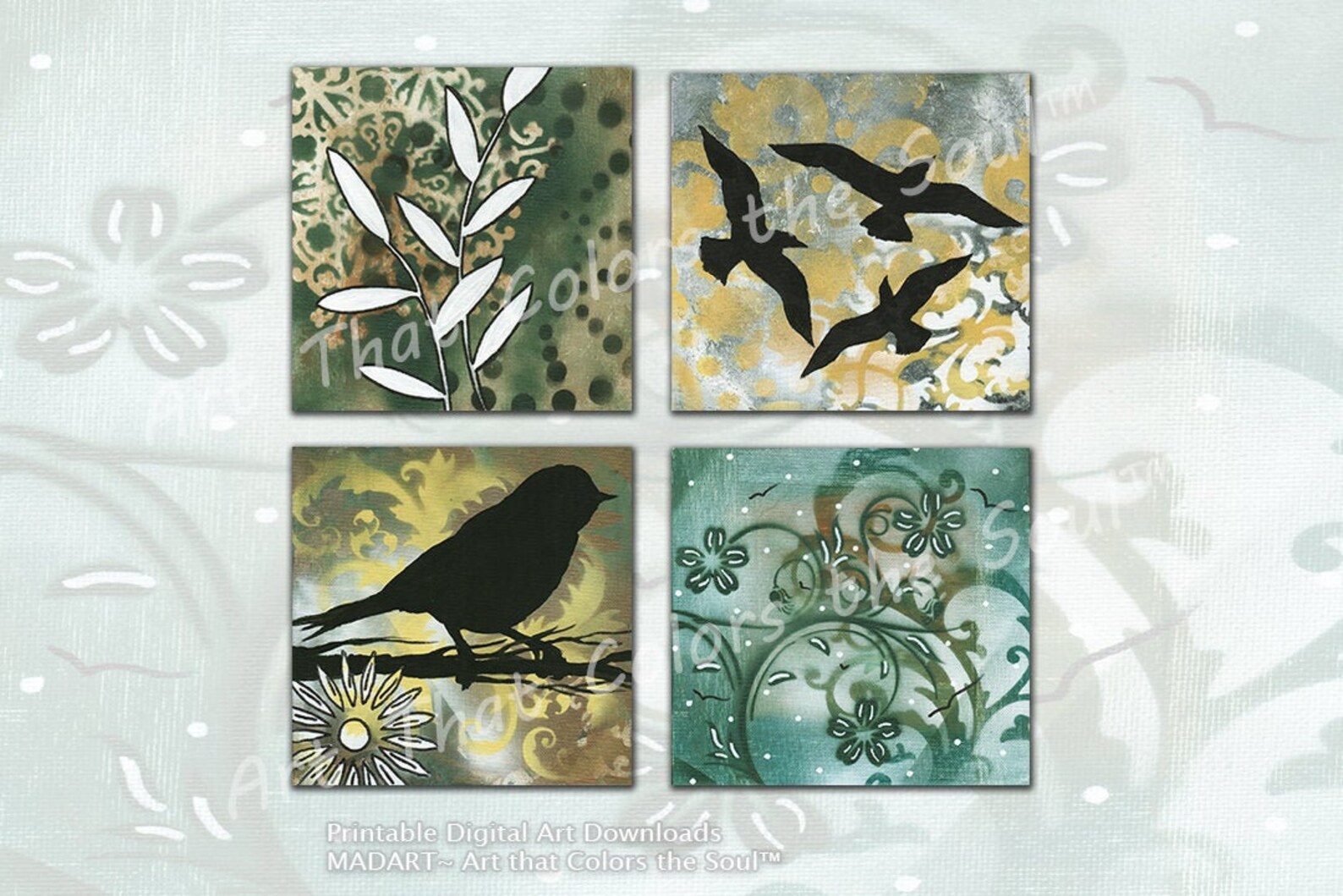 Printable 4x4 Inch Birds Floral Pattern Art Download Unique - Etsy