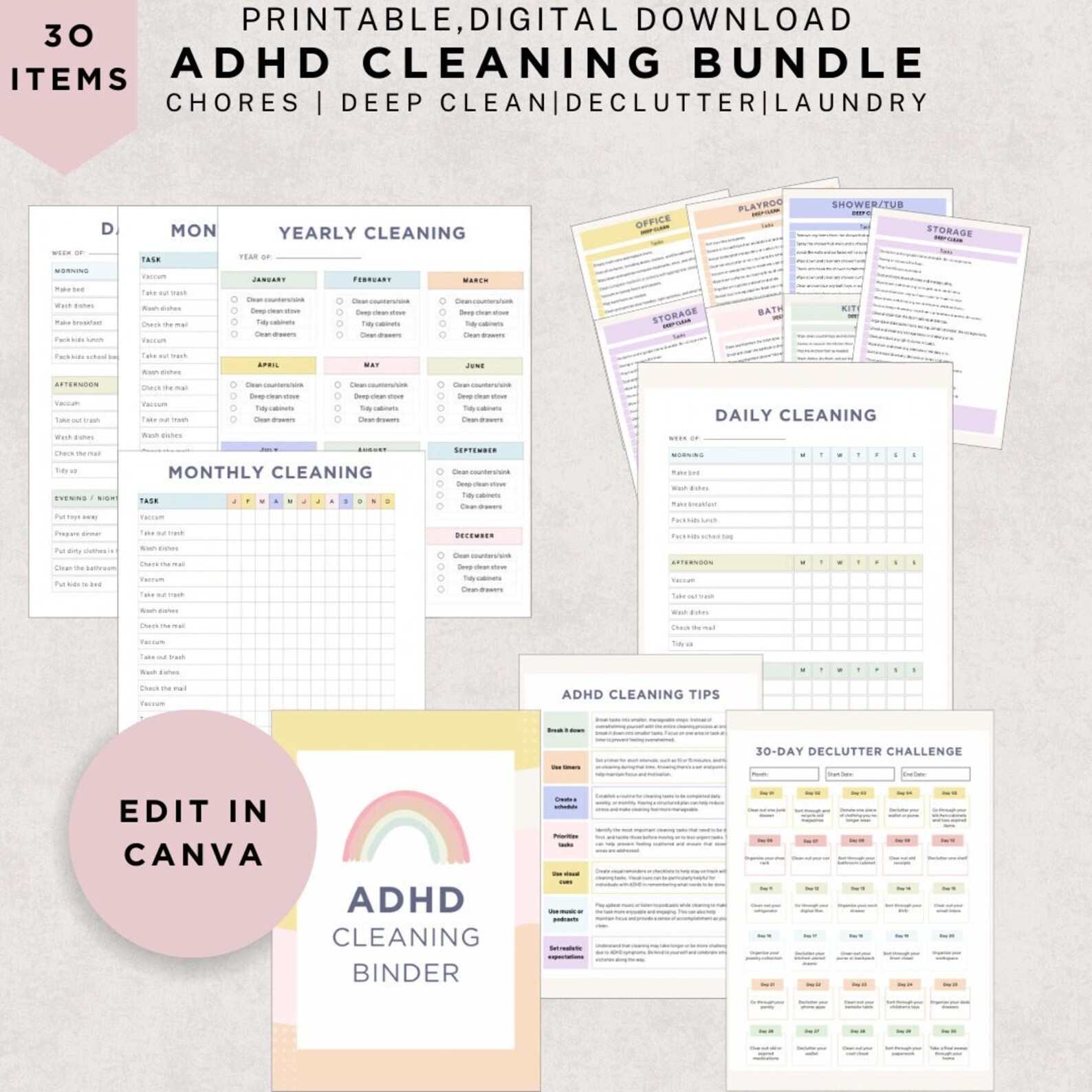 Editable ADHD Cleaning Planner Bundle, Printable, Weekly, Monthly ...