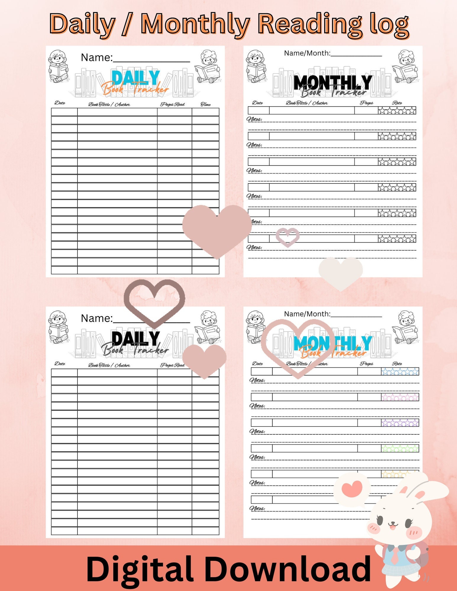 Reading Log Printable, Reading Tracker, Monthly Book Log, Letter Size ...