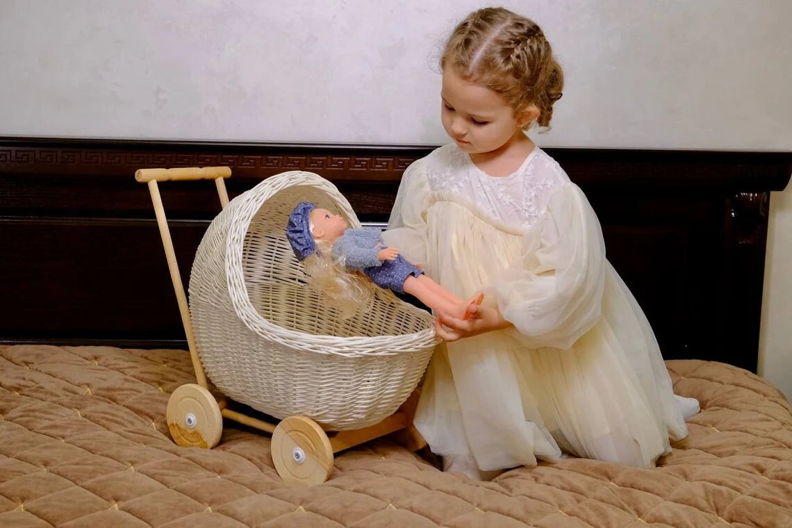 Wooden Baby Carriage, Wicker Baby Carriage, Toy Baby Pram, Wicker Baby ...