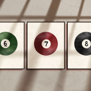 Trio of Pool Balls Poster Set 6, 7, 8 Ball Prints, Set of 3 Prints ...