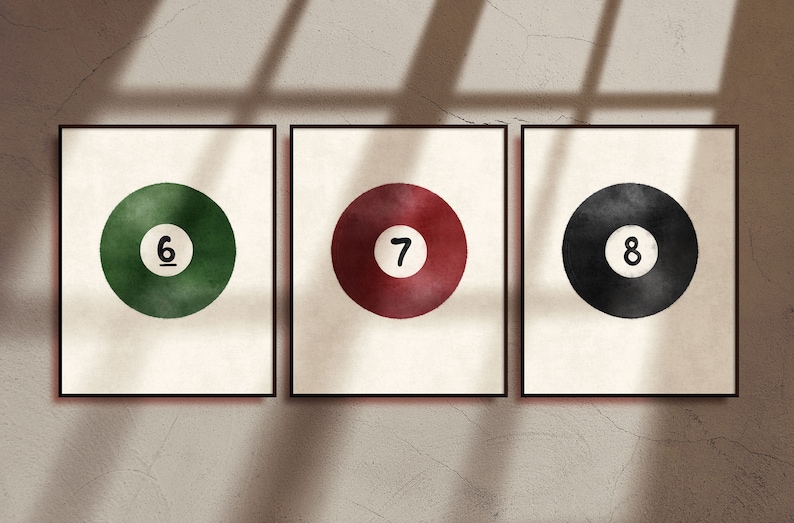 Trio of Pool Balls Poster Set 6, 7, 8 Ball Prints, Set of 3 Prints ...