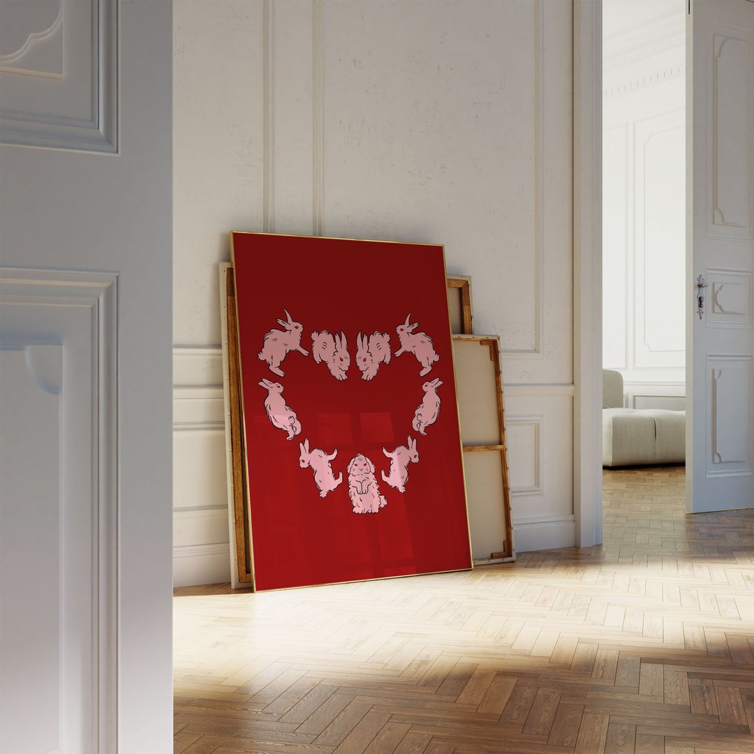 Minimalist Rabbit Wall Art Printable, Cute Bunny Decor, Pink Heart ...