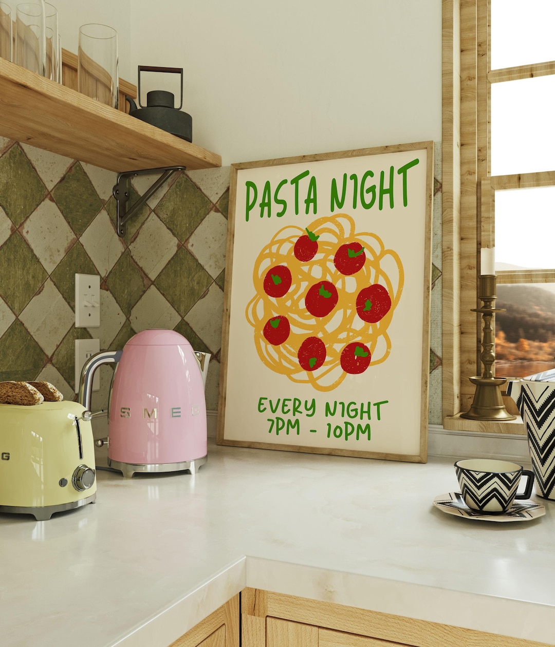 Retro Pasta Night Wall Art, Trendy Food Print for Kitchen, Restaurant ...