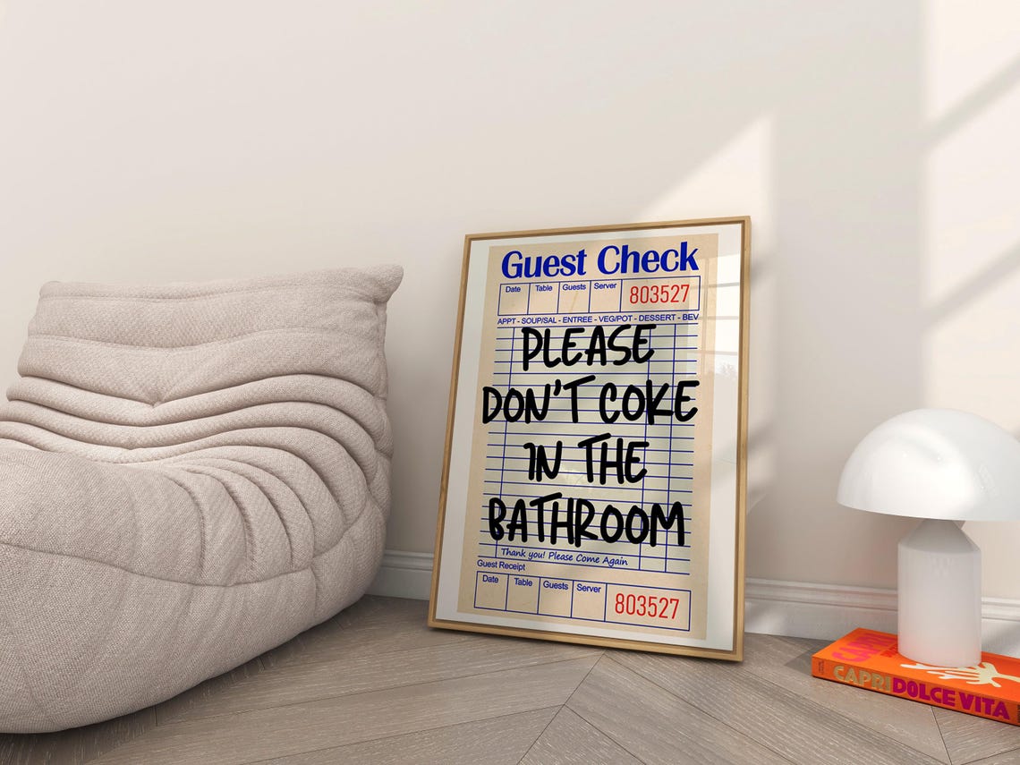 Please Don't Coke in the Bathroom, Digital Guest Check Poster, Trendy Wall Art, Preppy Print ...