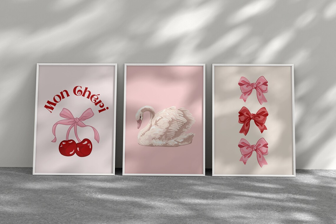 Trendy Pink Bows Wall Art Set of 3, Preppy Poster, College Apartment ...