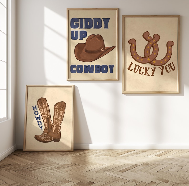 Western Wall Art Set of 3, Cowboy Prints, Retro Wall Art, Cowboy Boots ...