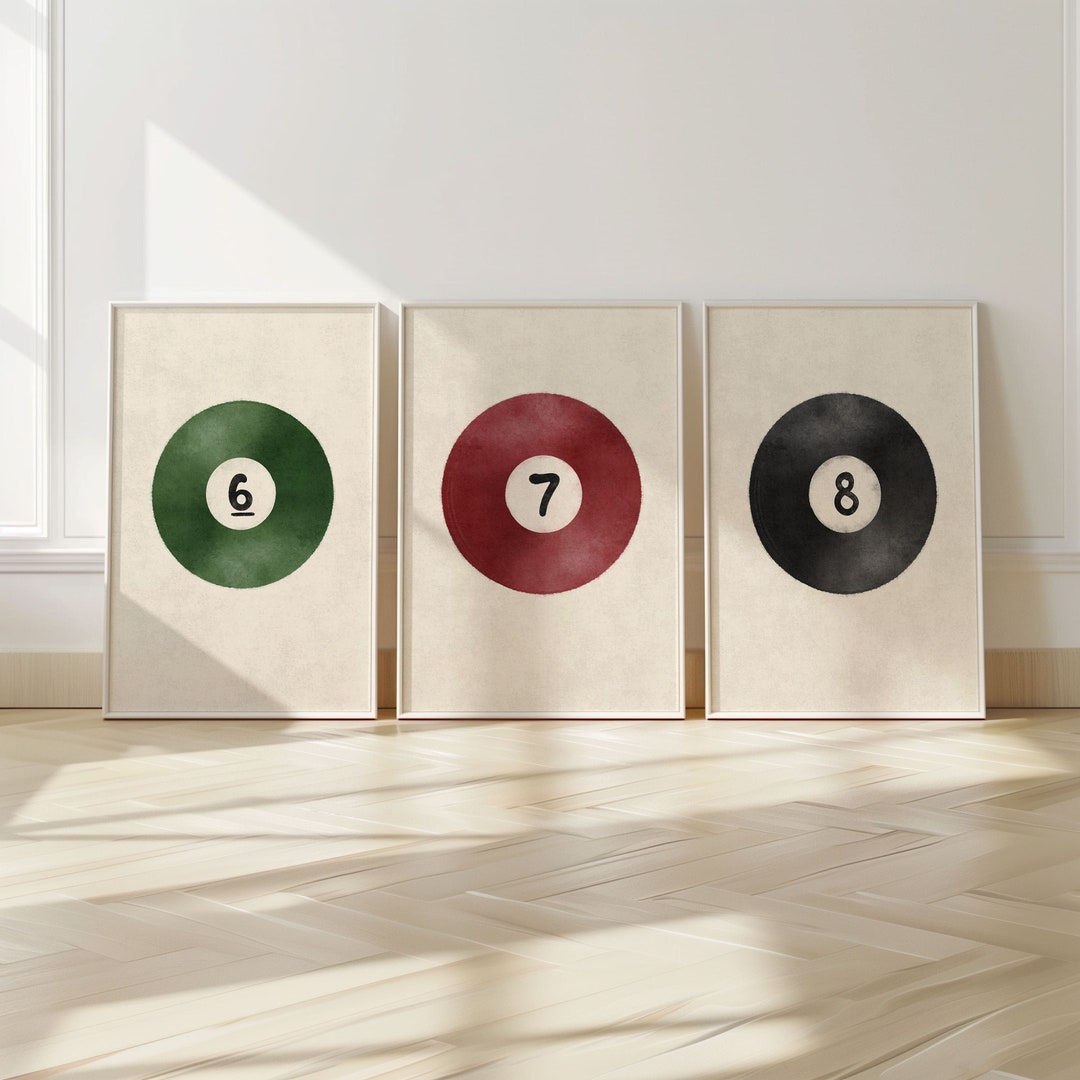 Trio of Pool Balls Poster Set 6, 7, 8 Ball Prints, Set of 3 Prints ...