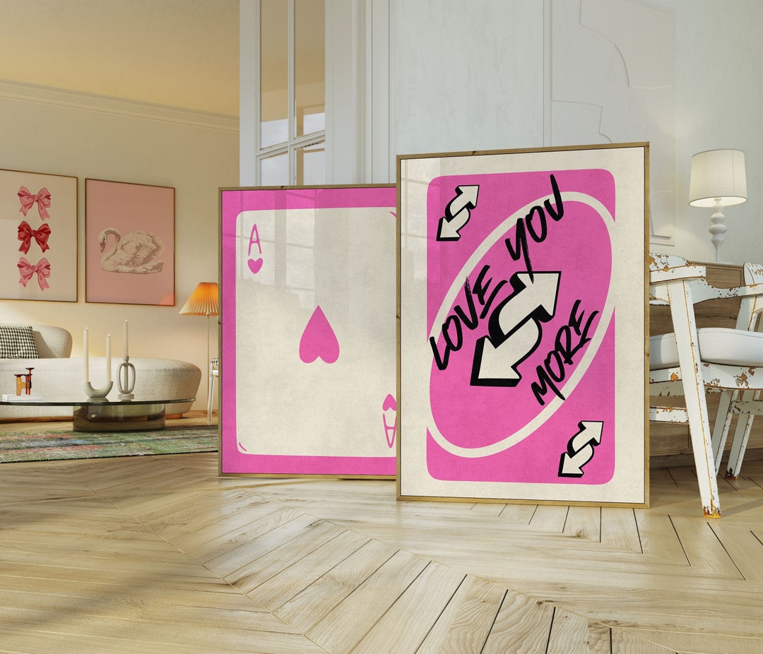 Love You More Print, Pink Ace Card Print, Trendy Playing Card Set of 2 ...