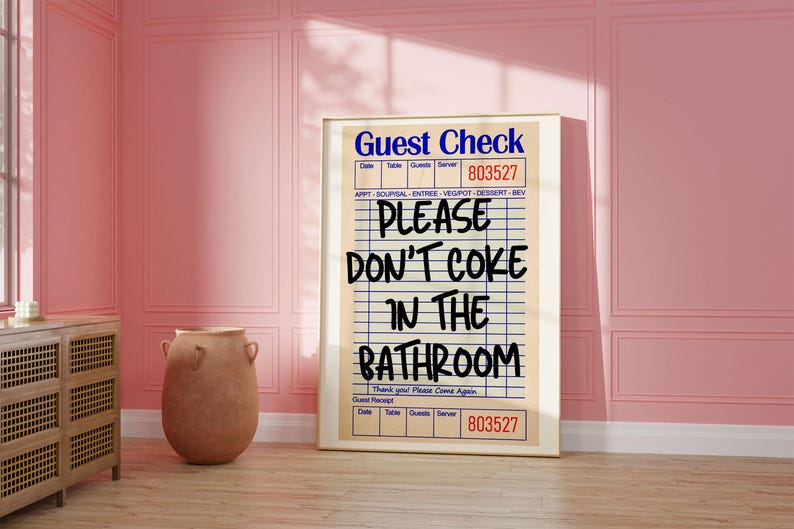 Please Don't Coke in the Bathroom, Digital Guest Check Poster, Trendy Wall Art, Preppy Print ...